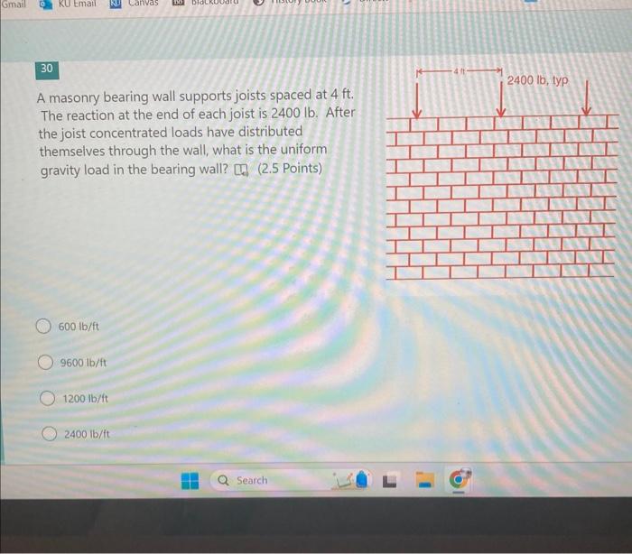 Solved A masonry bearing wall supports joists spaced at 4ft. | Chegg.com