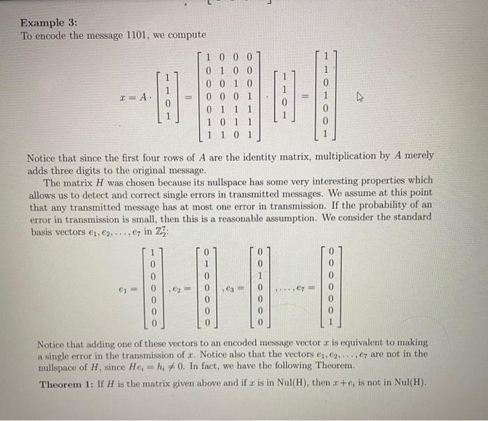 Solved Example 3: To encode the message 1101 , we compute | Chegg.com