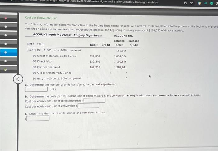 Solved Cost per Equivalent Unit The following information | Chegg.com