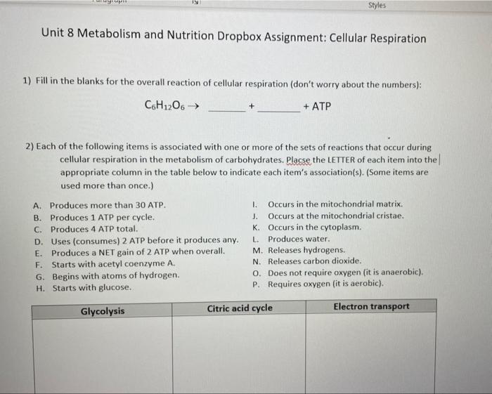 Solved Unit 8 Metabolism and Nutrition Dropbox Assignment: | Chegg.com