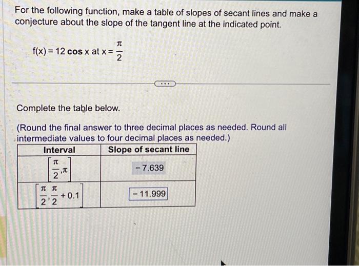 Solved For The Following Function Make A Table Of Slopes Of