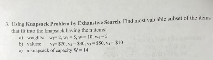 Solved 3. Using Knapsack Problem by Exhaustive Search. Find | Chegg.com