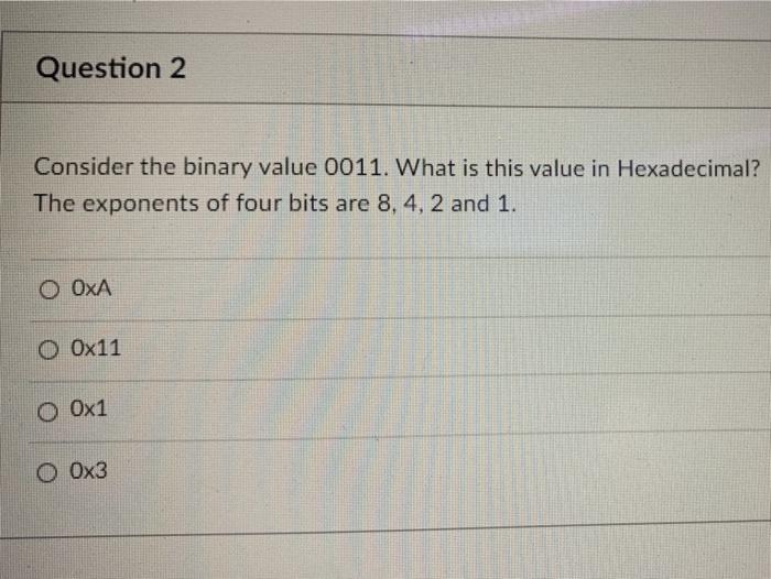 Solved Question 2 Consider the binary value 0011. What is | Chegg.com