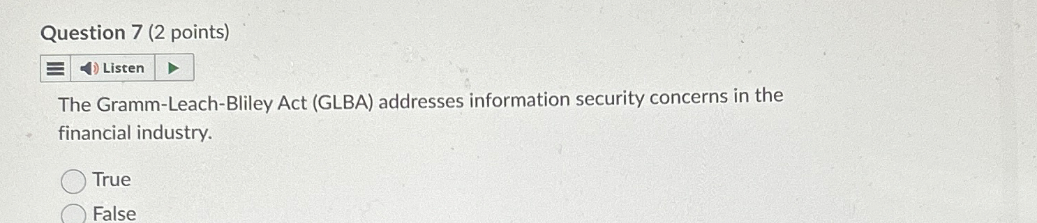 Solved Question 7 (2 ﻿points)The Gramm-Leach-Bliley Act | Chegg.com