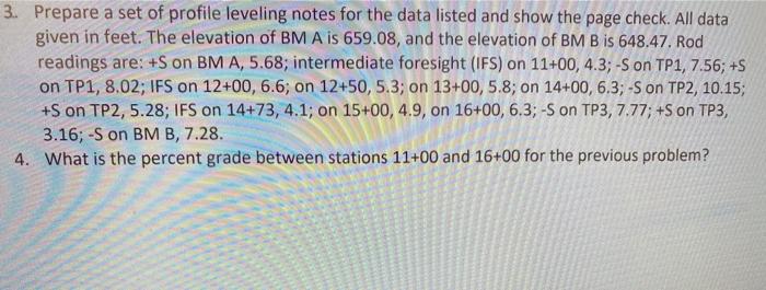 Solved 3. Prepare a set of profile leveling notes for the | Chegg.com