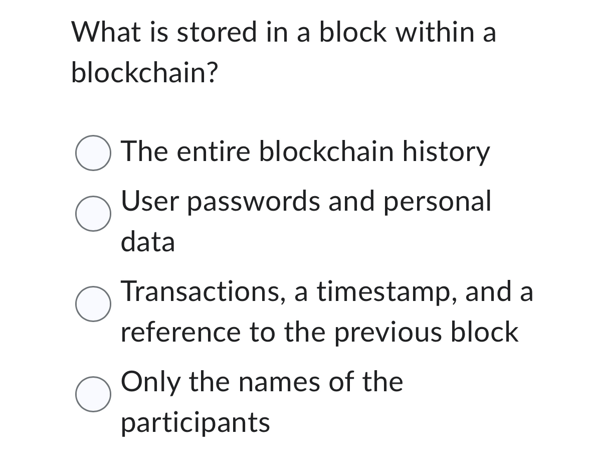 Solved What is stored in a block within a blockchain?The | Chegg.com
