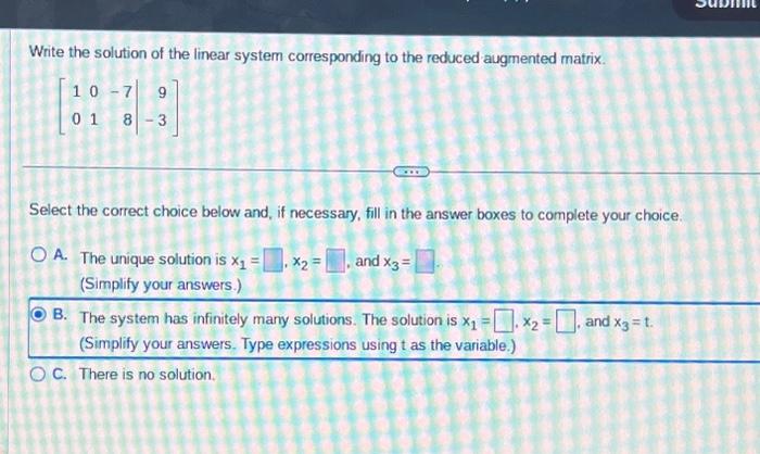 Solved Write the solution of the linear system corresponding | Chegg.com