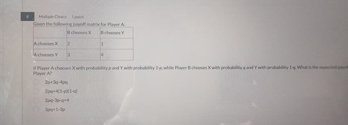 Solved 4Multiple Choice 1 ﻿pointGiven the following payoff | Chegg.com