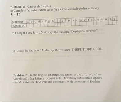 Solved Problem 1: Caeser shift ciphera) ﻿Complete the | Chegg.com