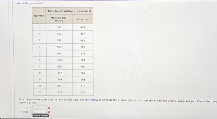 Solved Recall the given data. t = Runner P-value 1 2 3 4 5 6 | Chegg.com