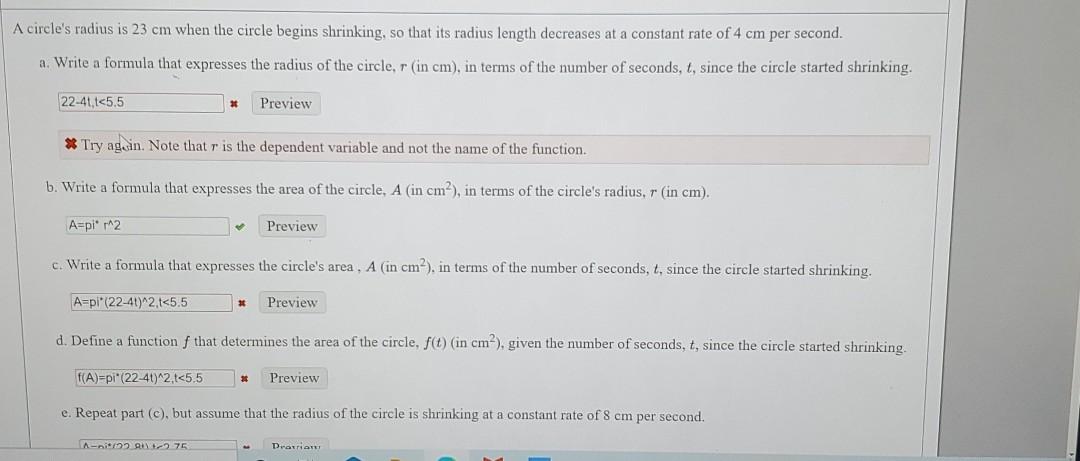 Solved A circle's radius is 23 cm when the circle begins | Chegg.com
