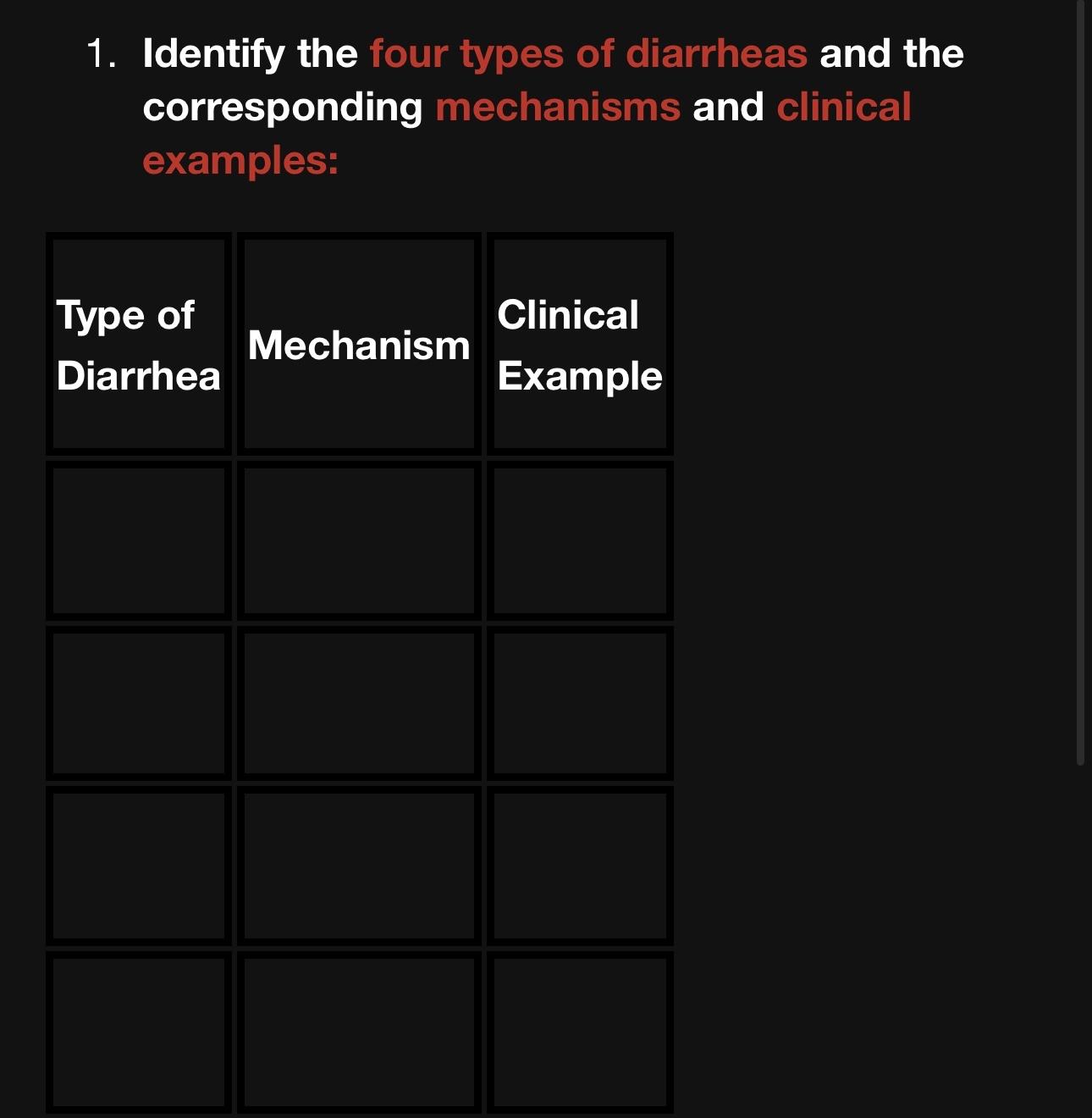 Solved Identify the four types of diarrheas and the | Chegg.com