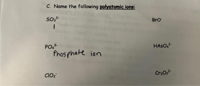 Solved C. Name the following polyatomic ions: Bro SO32- 1 | Chegg.com
