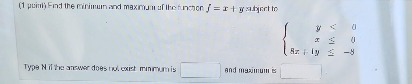 Solved (1 point) Find the minimum and maximum of the | Chegg.com