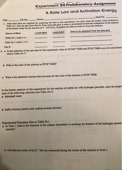 Experiment 24 Prelaboratory Assignment A Rate Law and | Chegg.com