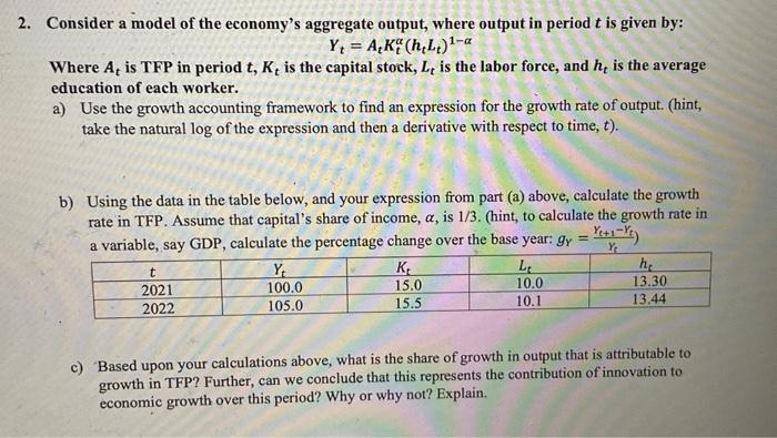 Solved Yt=AtKtα(htLt)1−α Where At is TFP in period t,Kt is | Chegg.com