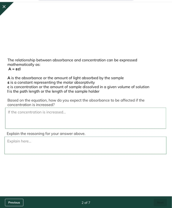 Solved The relationship between absorbance and concentration | Chegg.com