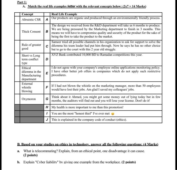 Solved Part 1: A. Match the real life examples letter with | Chegg.com