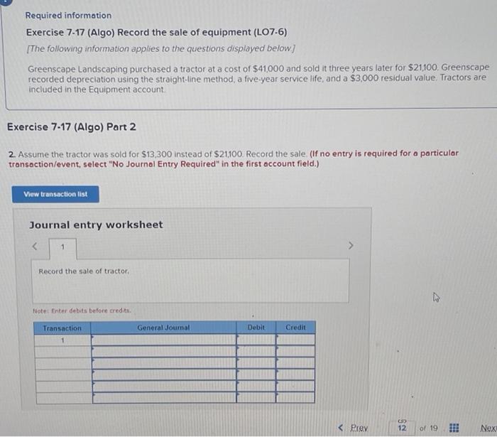 Solved Required informotion Exercise 7-17 (Algo) Record the | Chegg.com