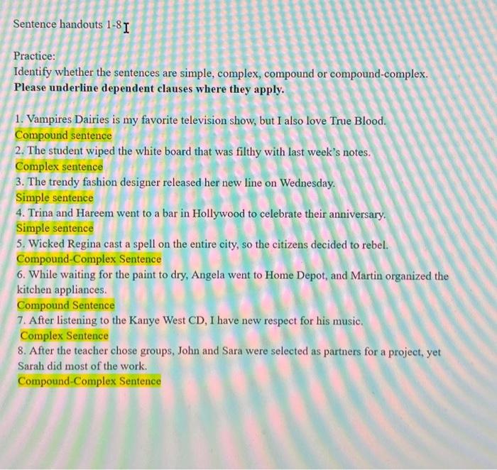 Sentence handouts 1-8Practice: Identify whether the | Chegg.com