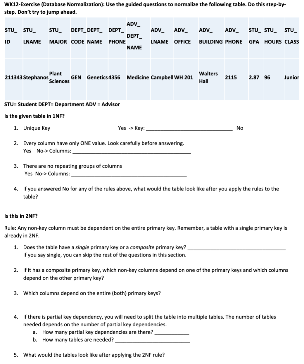 Solved WK12-Exercise (Database Normalization): Use the | Chegg.com