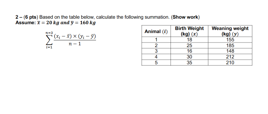 Solved 2 - ( 6 pts) ﻿Based on ﻿the table below, calculate | Chegg.com