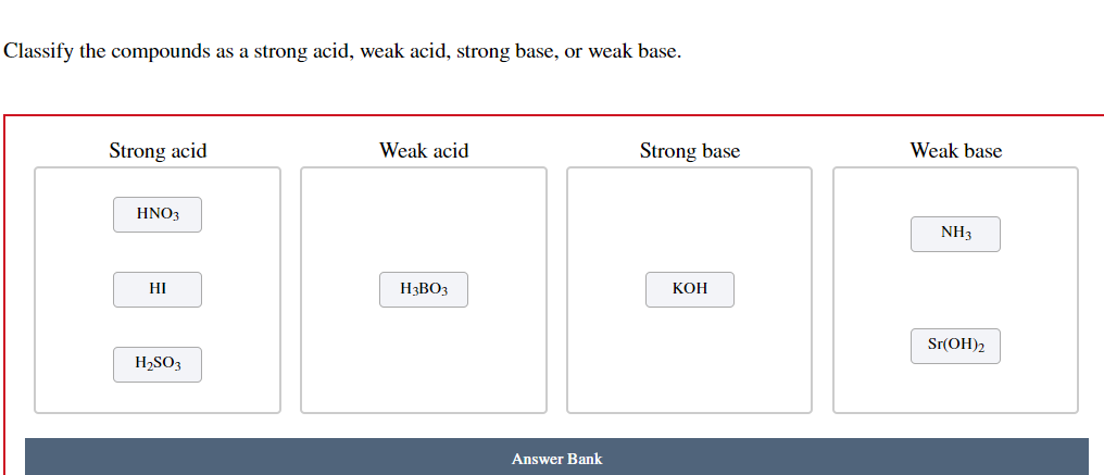 Solved Classify the compounds as a strong acid, weak acid, | Chegg.com