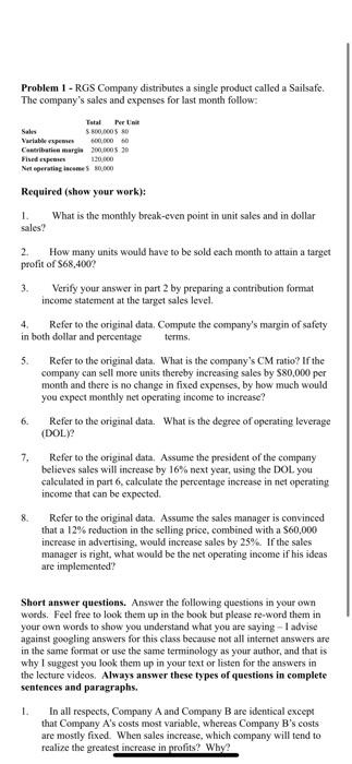 Solved Problem 1 - RGS Company distributes a single product | Chegg.com