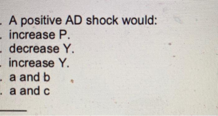 Solved - A positive AD shock would: increase P. decrease Y. | Chegg.com