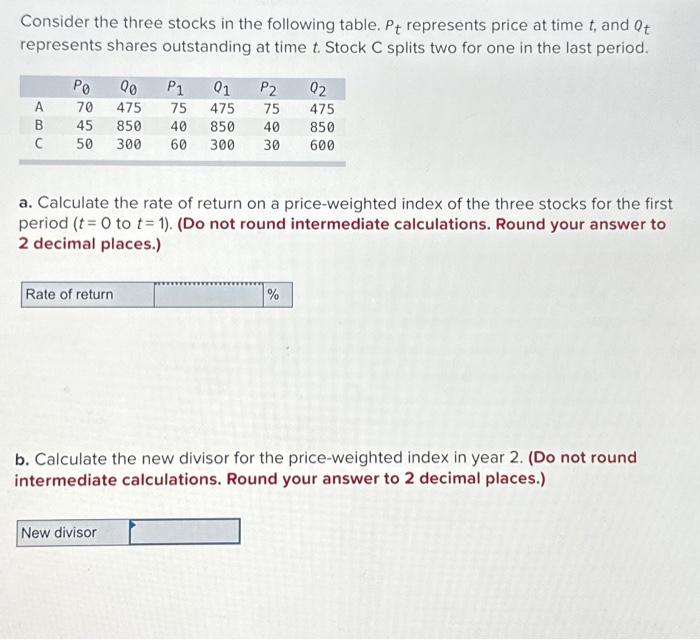 Solved Consider the three stocks in the following table. Pt | Chegg.com