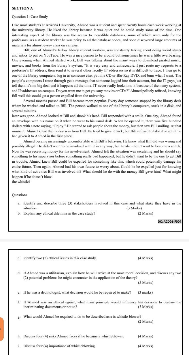 SECTION A Question 1: Case Study Like most students | Chegg.com