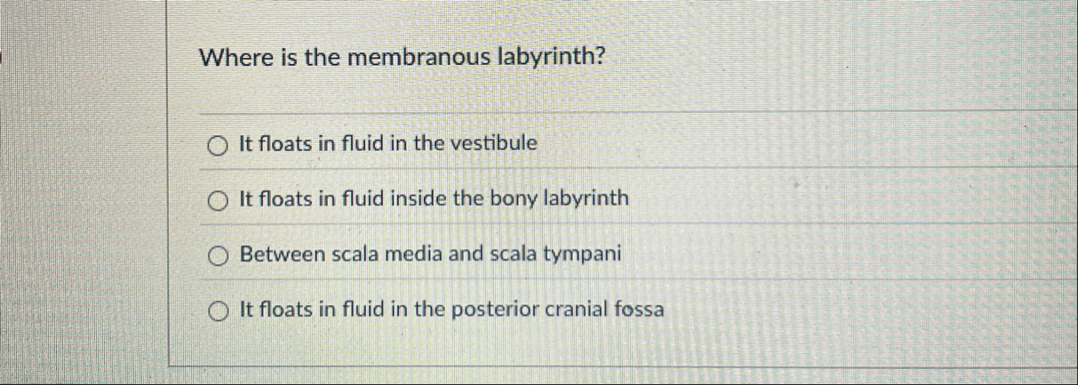 Solved Where is the membranous labyrinth?It floats in fluid | Chegg.com