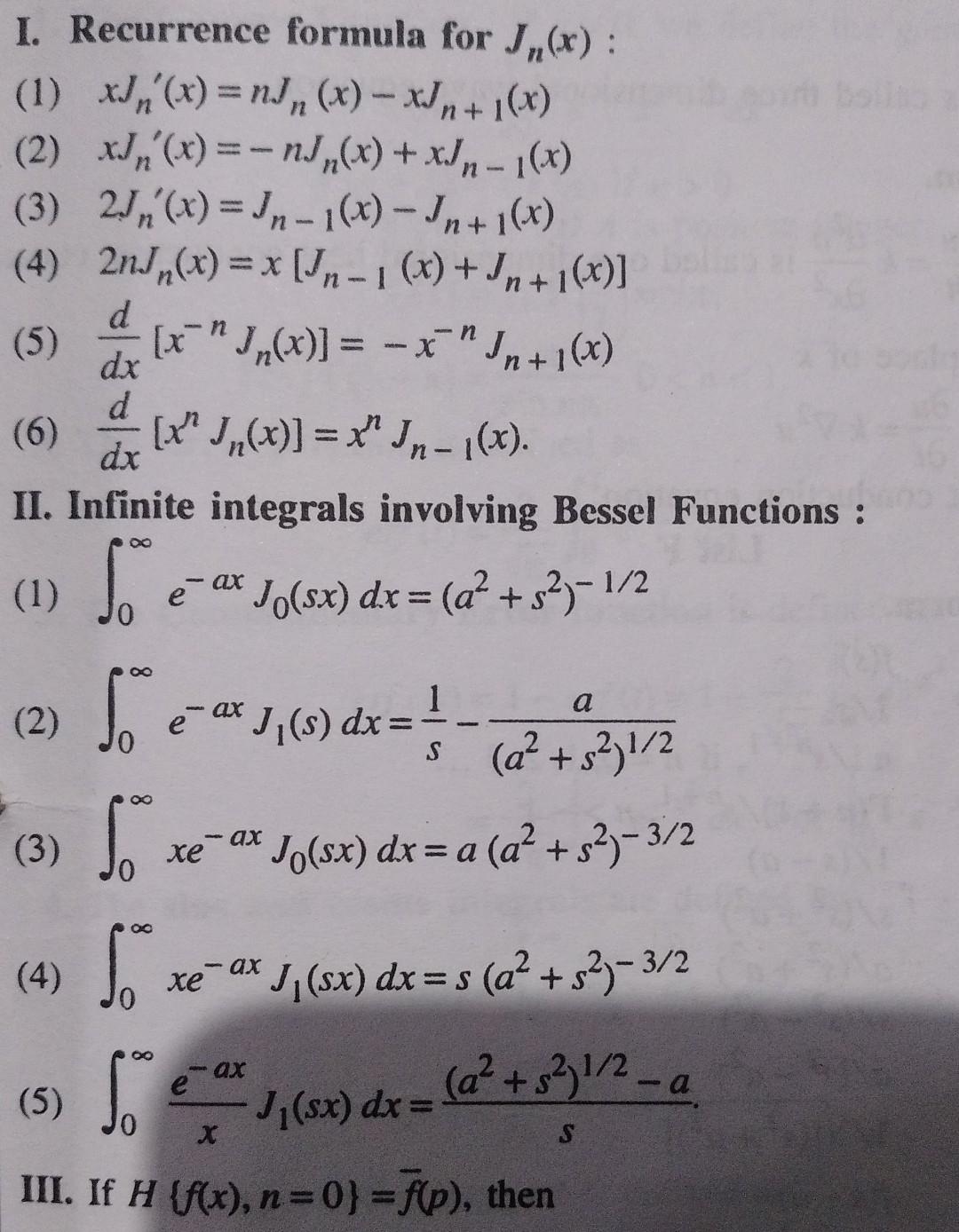 Solved I. Recurrence formula for J,(x): (1) xJ₁'(x) = nJn | Chegg.com