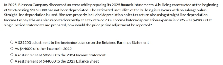 Solved In 2025, ﻿Blossom Company discovered an error while | Chegg.com