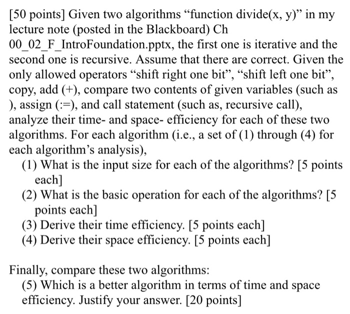 [50 points] Given two algorithms “function divide(x, | Chegg.com