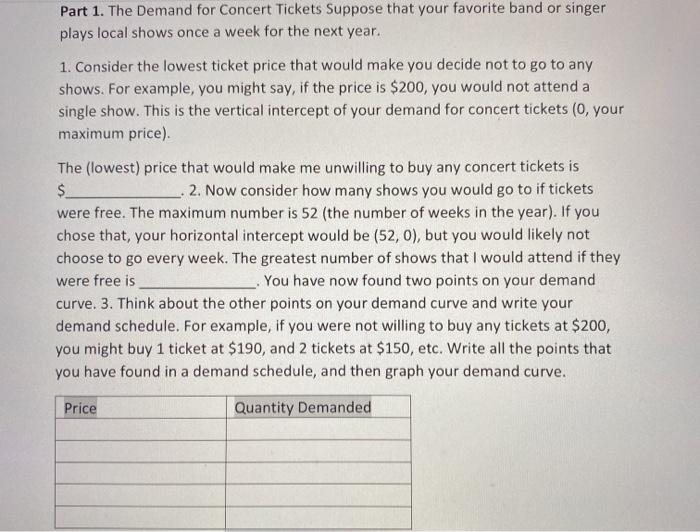 Solved Part 1. The Demand for Concert Tickets Suppose that | Chegg.com
