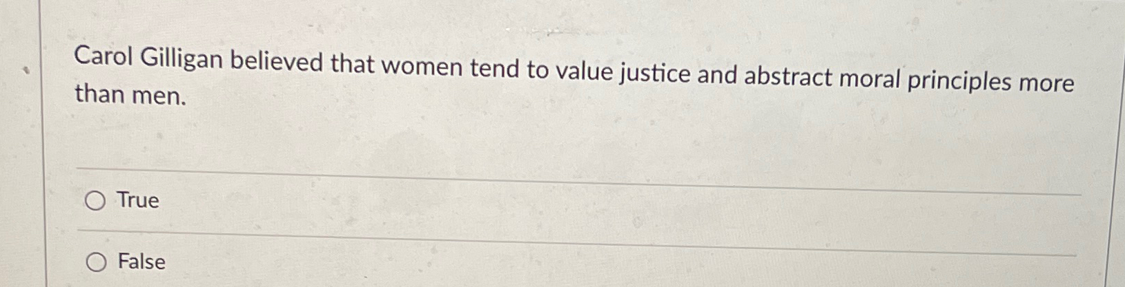 Solved Carol Gilligan believed that women tend to value | Chegg.com