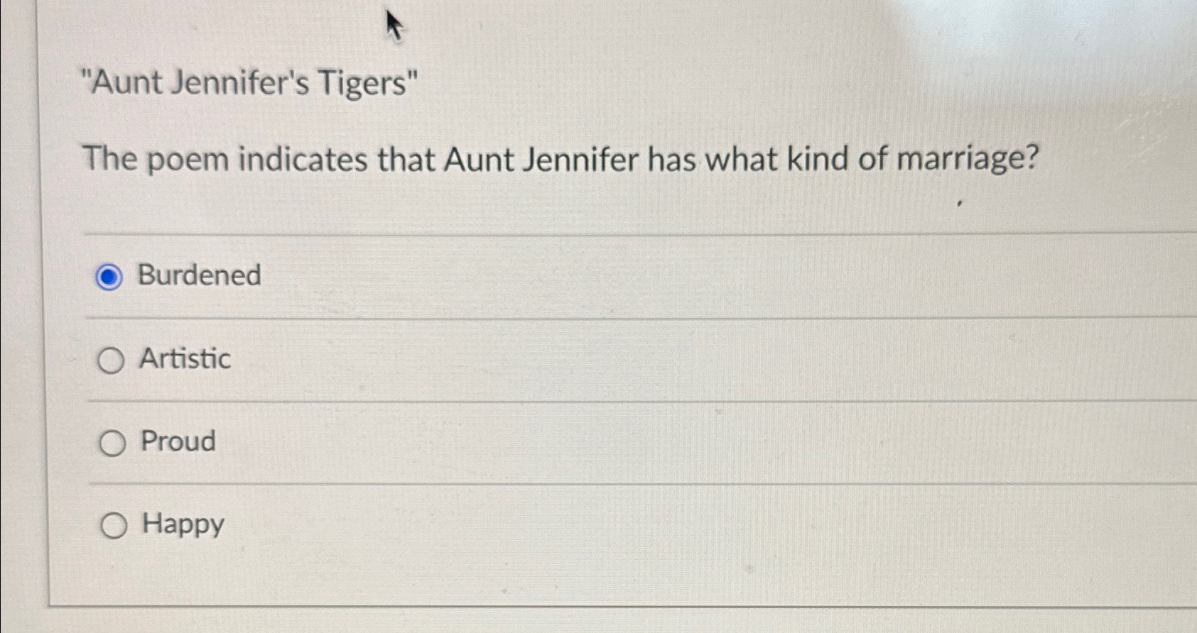 Solved "Aunt Jennifer's Tigers"The poem indicates that Aunt | Chegg.com