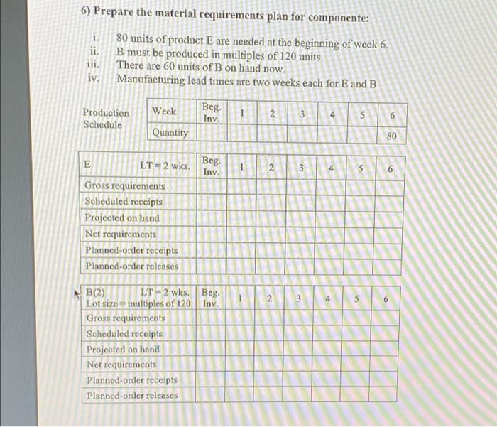 Solved 6) Prepare the material requirements plan for | Chegg.com