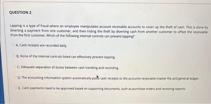 Solved QUESTION 2 Lapping is a type of fraud where an | Chegg.com