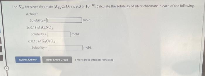 Solved The Ksp for silver chromate (Ag2CrO4) is 9.0×10−12, | Chegg.com