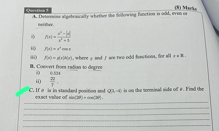 Solved Question 5(8) ﻿MarksA. ﻿Determine algebraically | Chegg.com