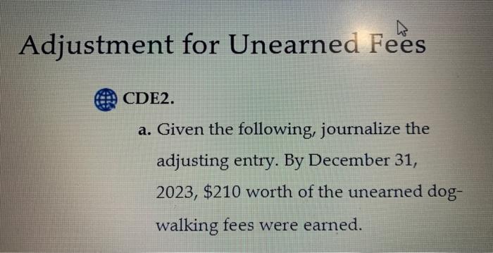 Solved Adjustment for Unearned Fees CDE2. a. Given the | Chegg.com