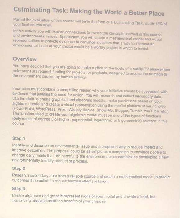Solved Culminating Task: Making the World a Better Place | Chegg.com