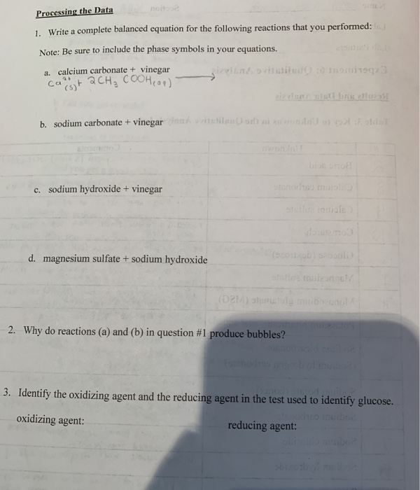 Solved Processing the Data 1. Write a complete balanced | Chegg.com