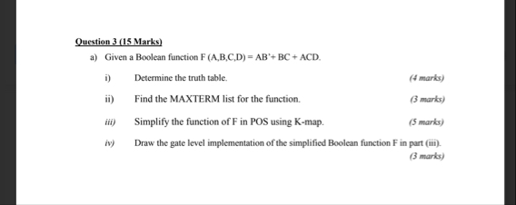 Solved Question 3 15 Marks A Given A Boolean Function 0114