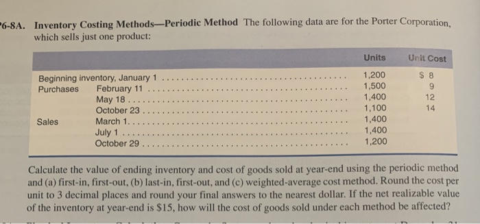 Solved 6-8A. Inventory Costing Methods-Periodic Method The | Chegg.com