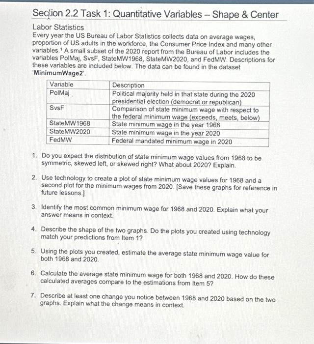 Solved Section 2.2 Task 1: Quantitative Variables - Shape & | Chegg.com