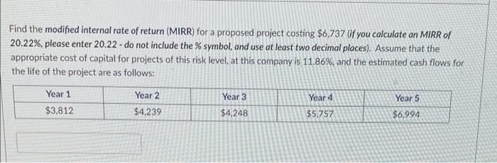 Solved Find the modified internal rate of return (MIRR) for | Chegg.com