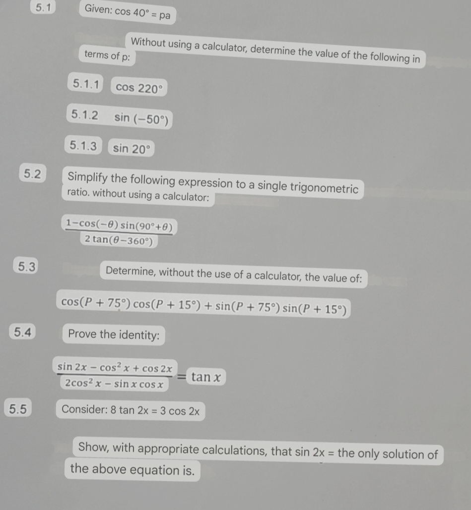 5.1Given: cos40°=paWithout using a calculator, | Chegg.com